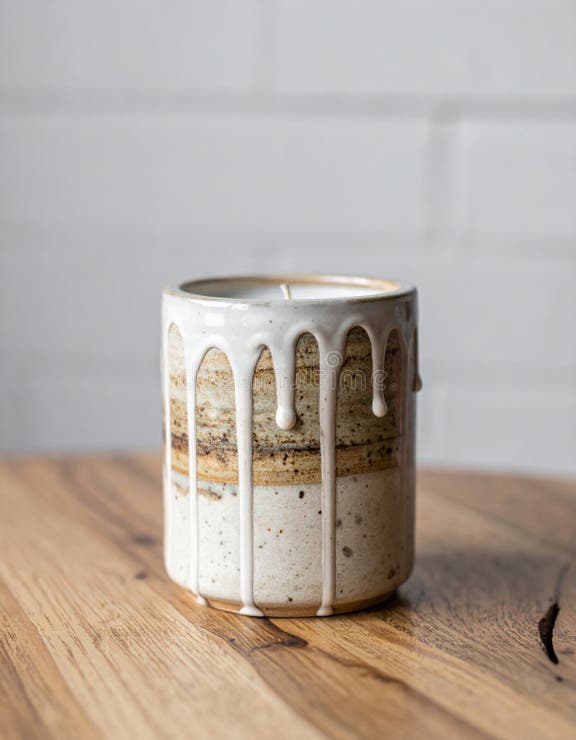 Handmade Ceramic Candle with Dripping Wax on a Wooden Table Top in ...