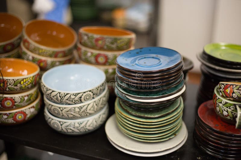 Handmade Ceramic Painted Plates with a Beautiful Pattern Stock Photo ...