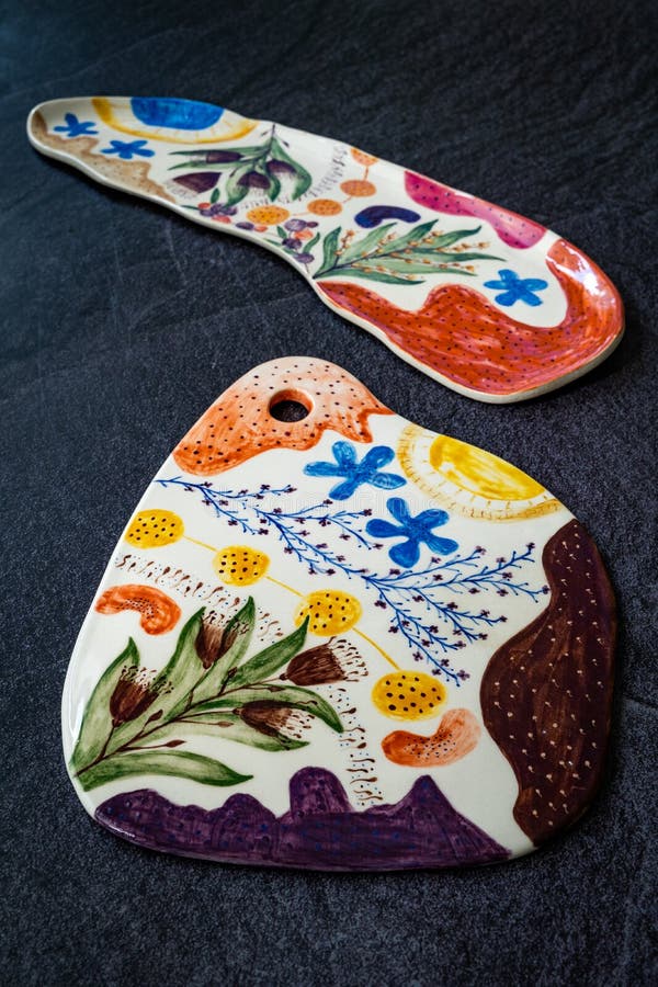 Handmade Ceramic Plates with Colorful Pattern Stock Image - Image of ...