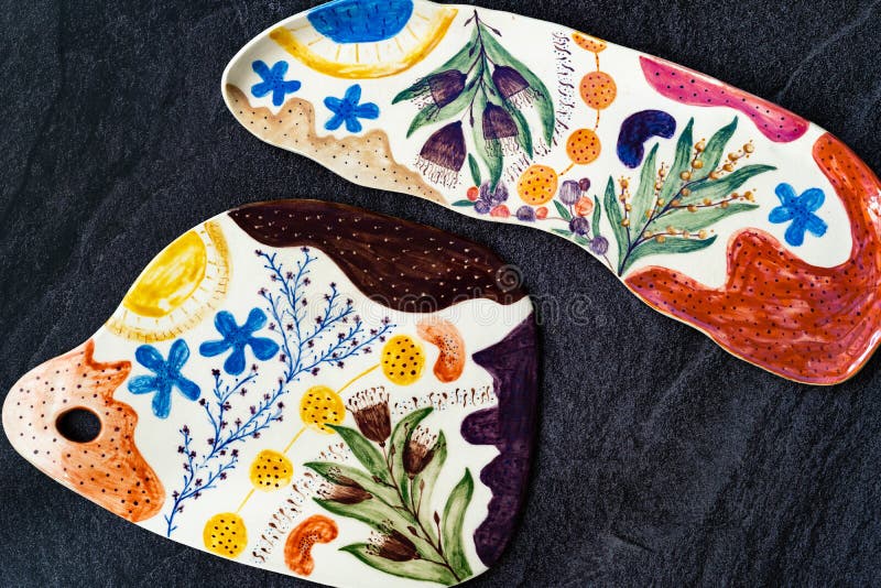 Handmade Ceramic Plates with Colorful Pattern Stock Photo - Image of ...
