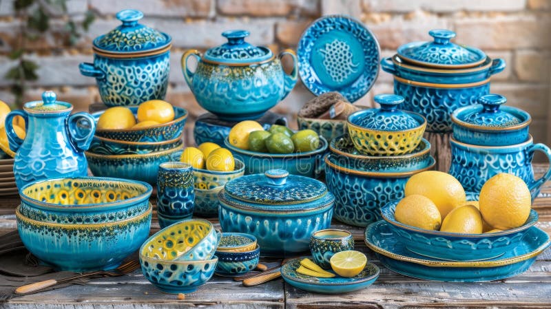 Handmade Ceramic Tableware. Blue Crockery with Traditional Ukrainian ...