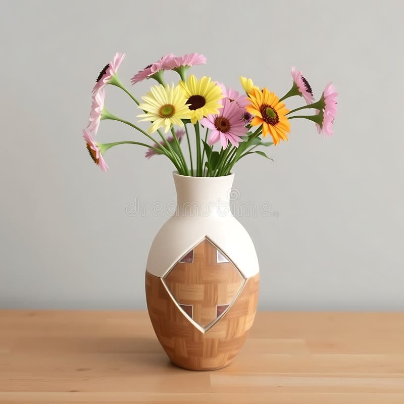A Handmade Ceramic Vase with a Geometric Design and a Bouquet of Fresh ...