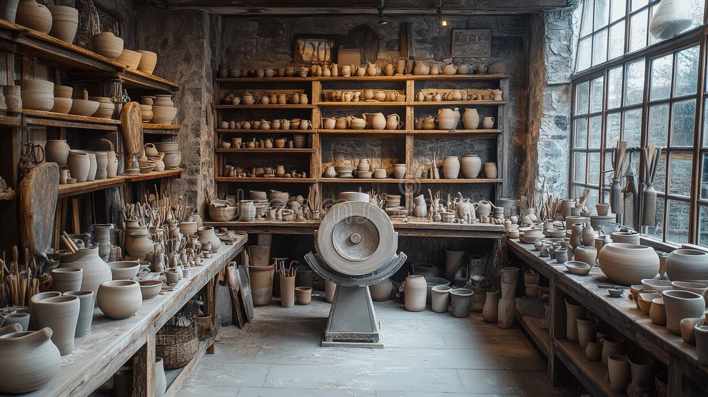 Handmade Ceramics on Rustic Shelves in Pottery Studio, Clay Tools Stock ...