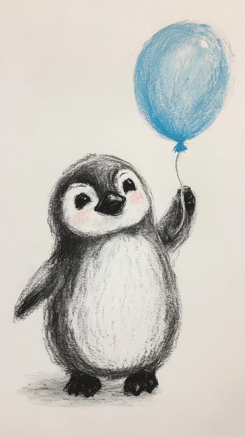 Handmade Chalk Pastel Drawing of a Fluffy Penguin with Blushed Cheeks ...