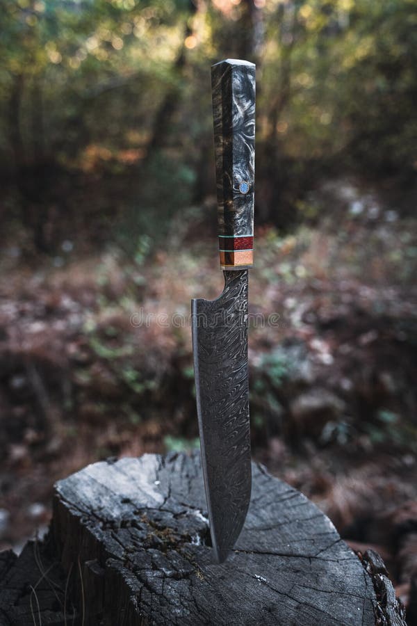 Handmade Chef Knife Standing on a Tree Stump Stock Image - Image of ...
