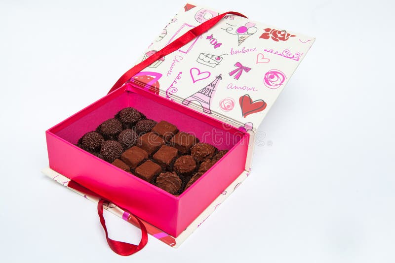 Handmade Chocolates in a Gift Box with Bow in Stock Photo - Image of ...
