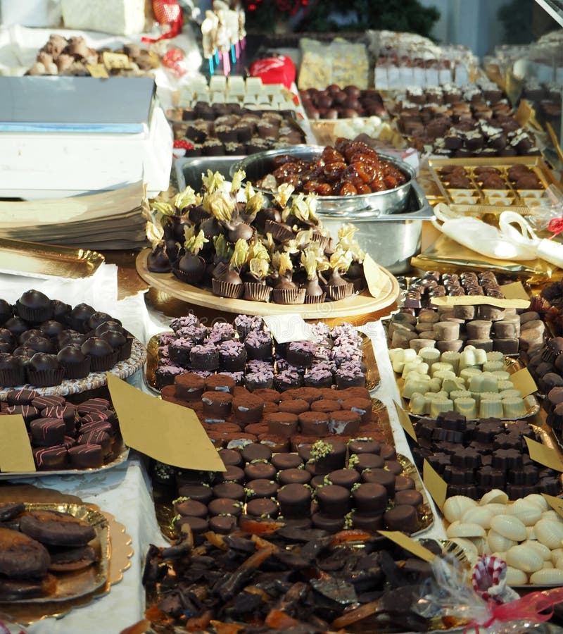 Handmade Chocolates of Various Flavors in a Candy Store Shelf Stock ...