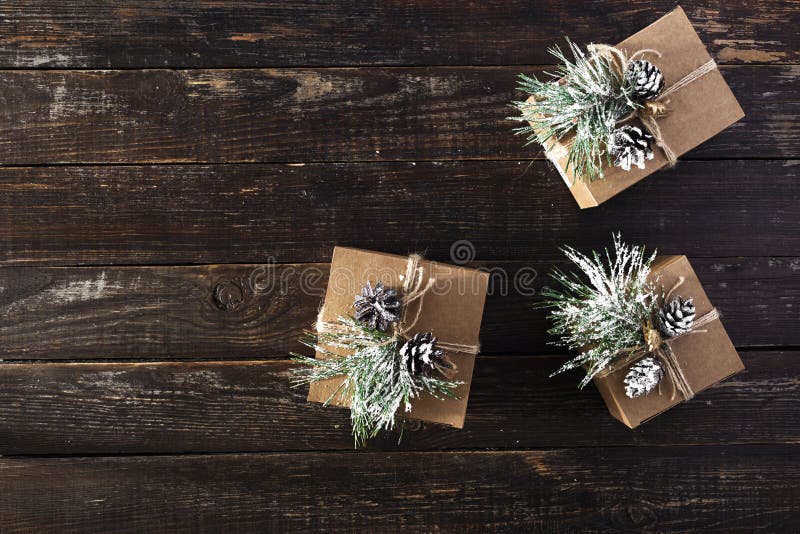 Handmade Christmas Gift Boxes Dark Wooden Table Top View Flat Lay Stock ...