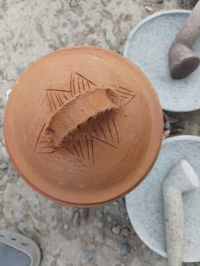 Handmade Clay Pot Lid with Carved Design Stock Photo - Image of texture ...