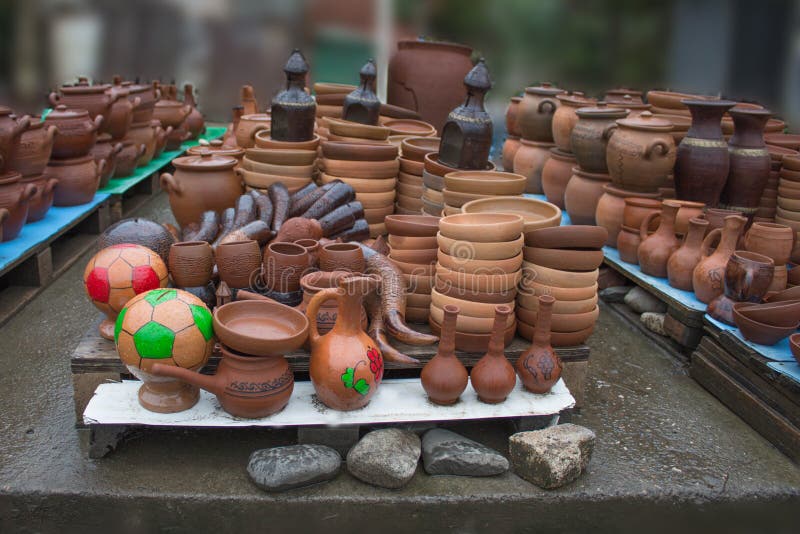 Handmade Clay Pots, Jars, Drinking Horn. Ceramic Plates Stock Image ...