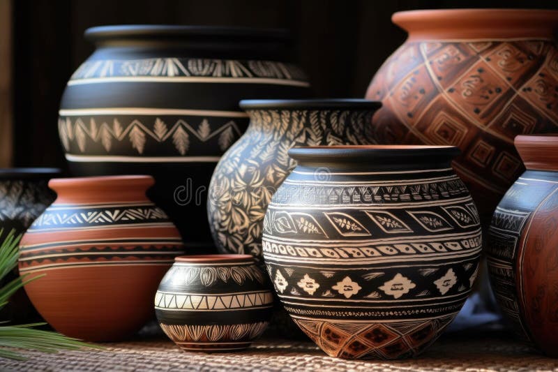 Handmade Clay Pots with Traditional Patterns Stock Illustration ...