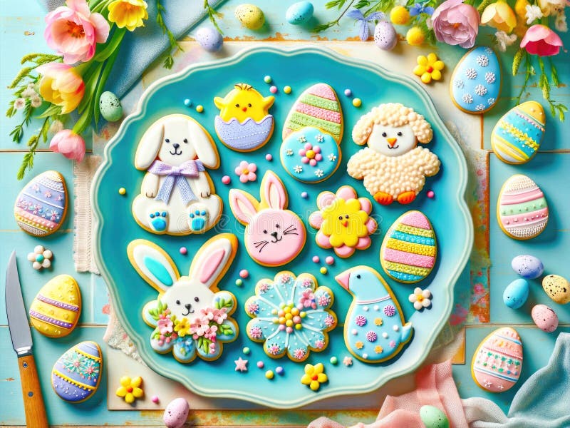 Handmade Colorful Easter Cookies on Table, Top View Stock Illustration ...