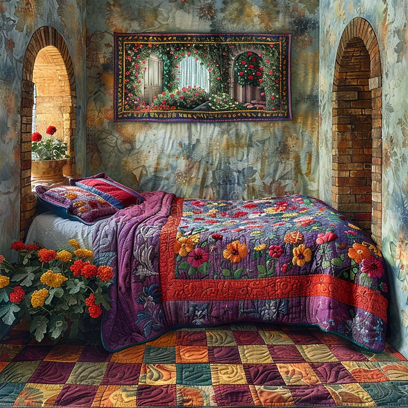 Handmade Colorful Patchwork Quilt on the Bed Stock Illustration ...