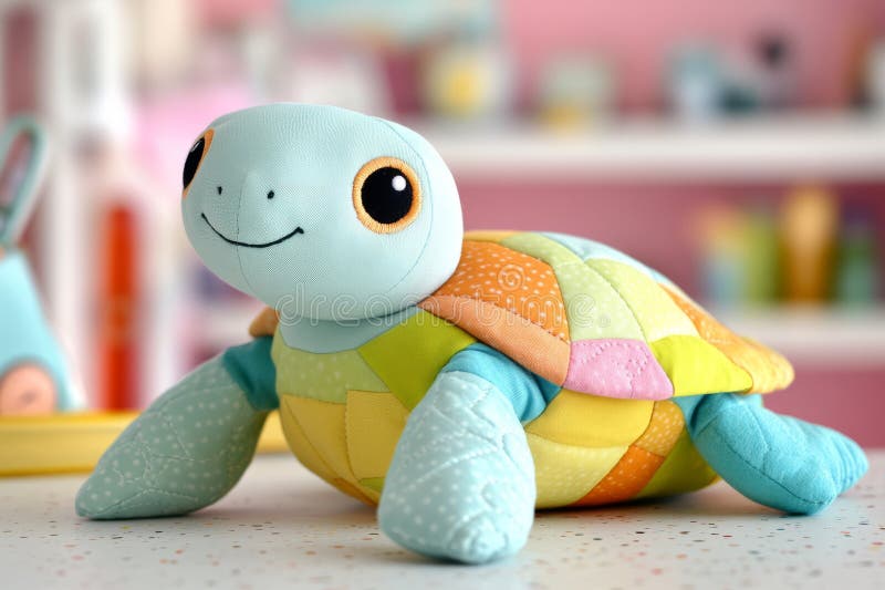 Handmade Colorful Turtle Plush Toy Resting on White Table Stock Image ...