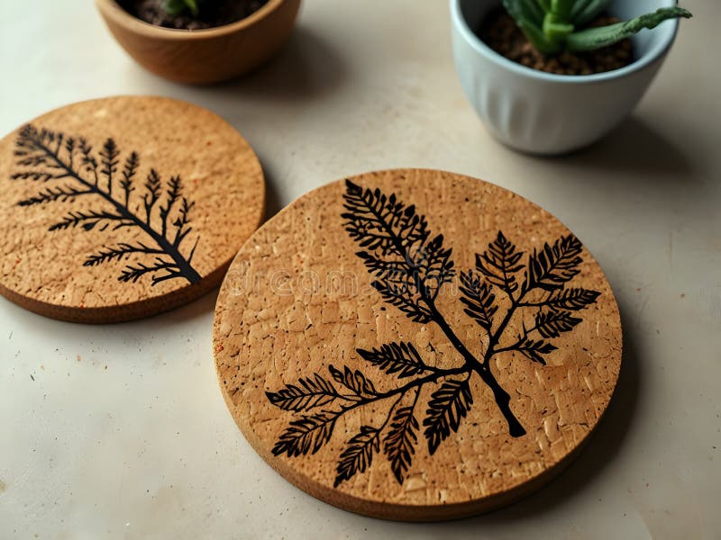 Handmade Cork Trivets with Wood Burned Nature Designs Stock ...