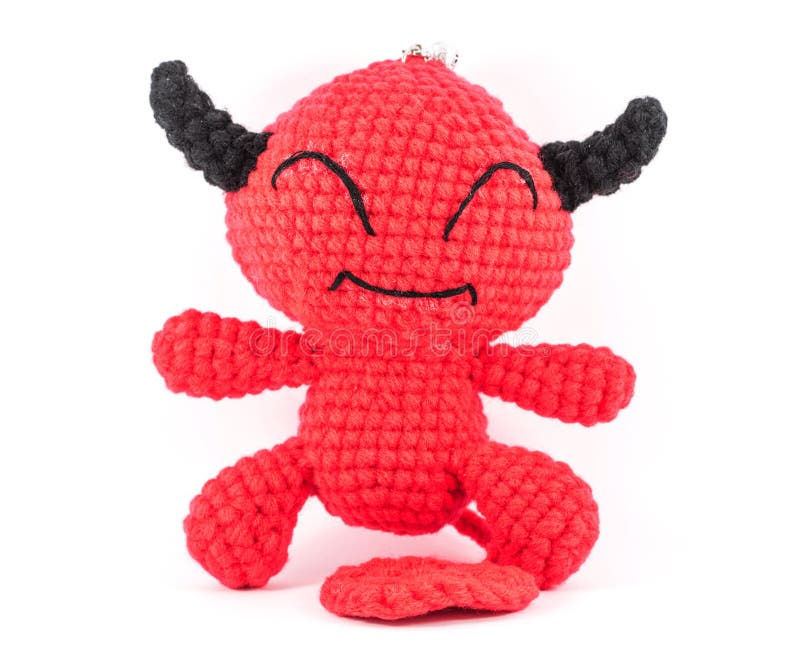 Handmade Crochet White Devil with Red Ear Doll on Black Background ...