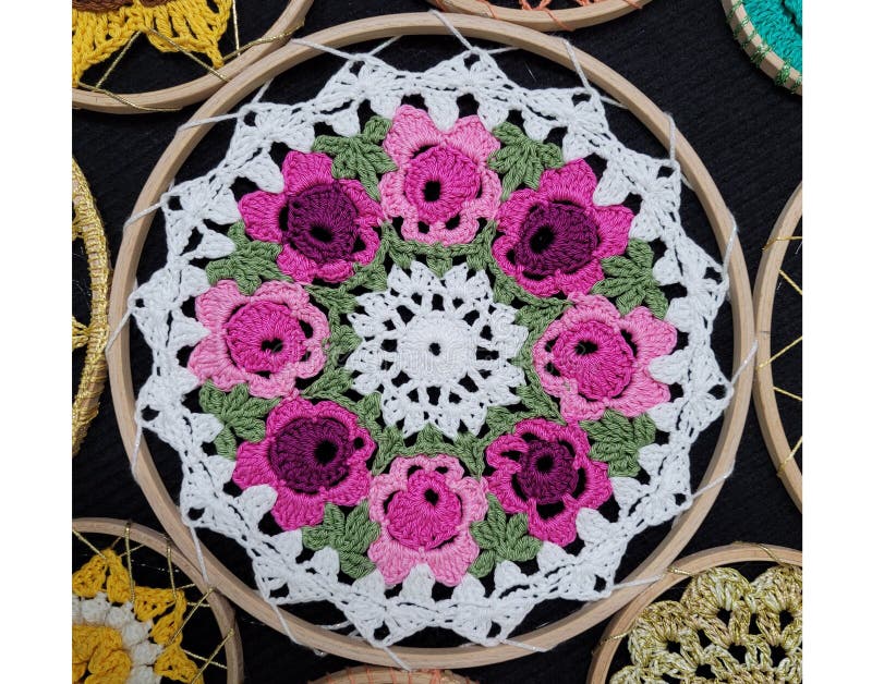 Handmade Crochet with Wooden Circle Frame. Stock Photo - Image of ...