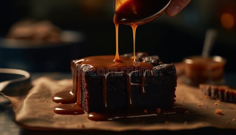 Handmade Dark Chocolate Fudge Slice Melting on Wooden Table Generated ...