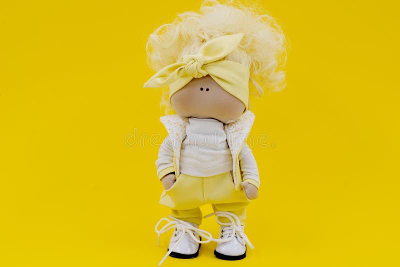 Handmade Doll on a Yellow Background Stock Image - Image of doll ...