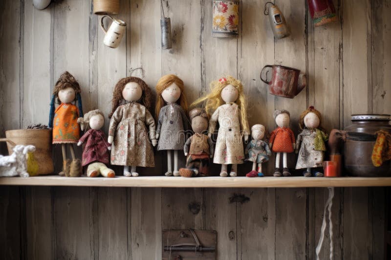 Handmade Dolls Displayed on a Rustic Shelf Stock Illustration ...