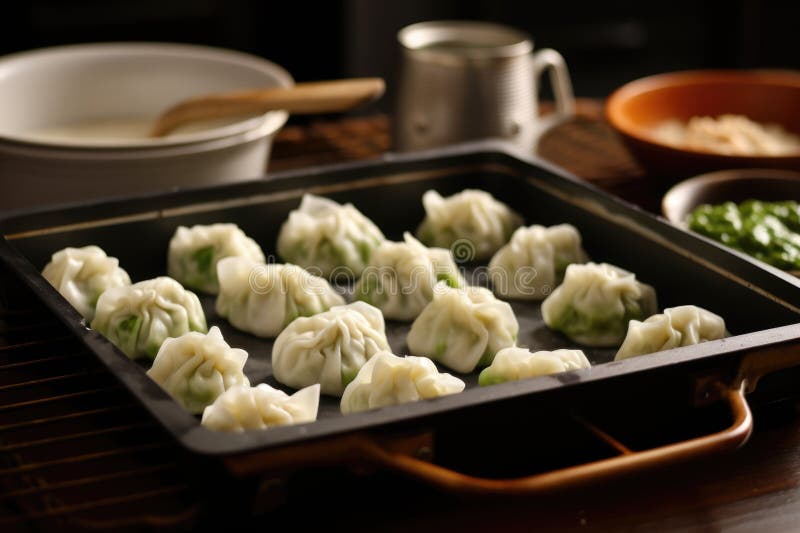 Handmade Dumplings Lining a Cooking Tray Stock Photo - Image of ...