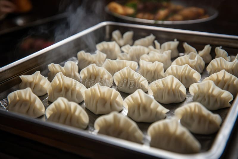 Handmade Dumplings Lining a Cooking Tray Stock Photo - Image of kitchen ...