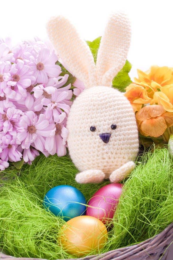 Easter Bunny with Colorful Flowers and Easter Eggs Stock Photo - Image ...