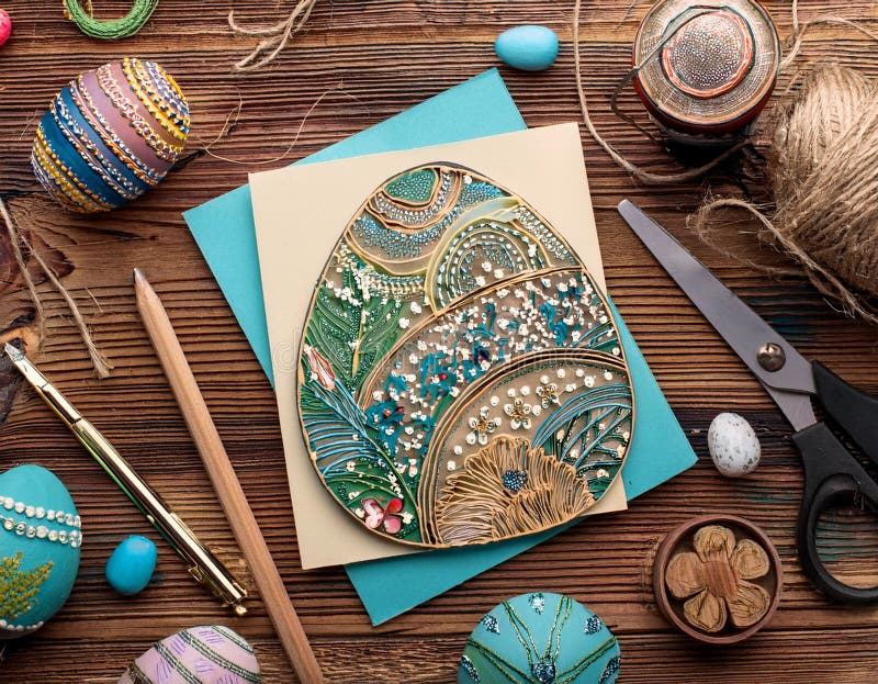 Handmade Easter Cards with Intricate Designs Lying on a Wooden Surface ...