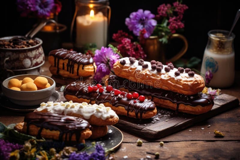 Handmade Eclairs with Creative Toppings Arranged on a Rustic Table ...