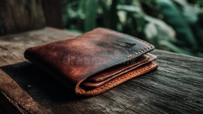 Handmade Eco-friendly Leather Wallet Placed on a Rustic Wood Table with ...
