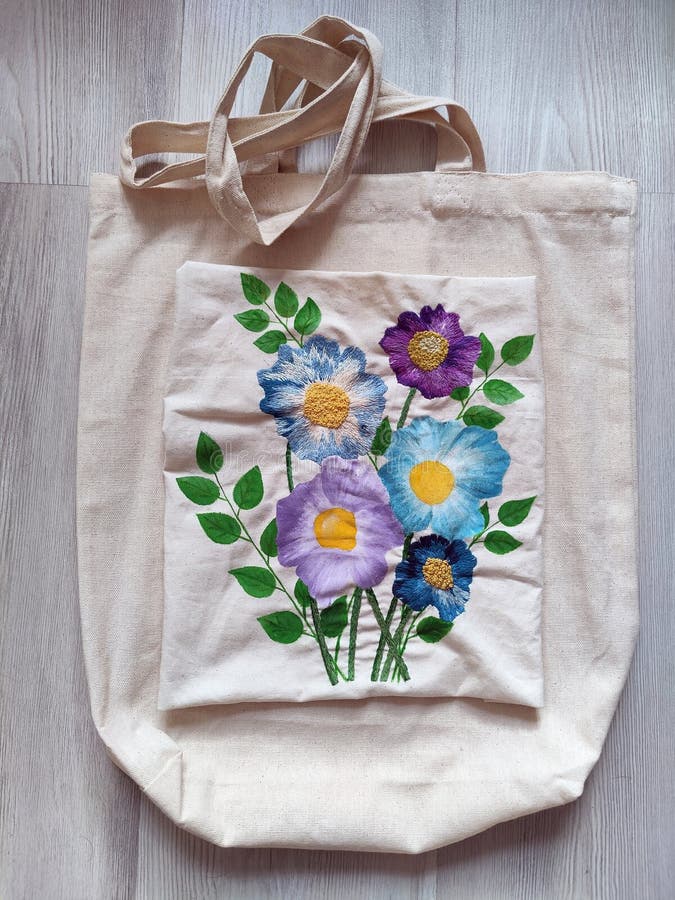 Handmade Embroidered Bag with Blue Flowers Stock Image - Image of ...