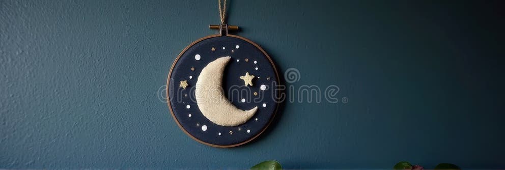 Handmade Embroidered Moon and Stars Wall Art on Blue Background Stock ...