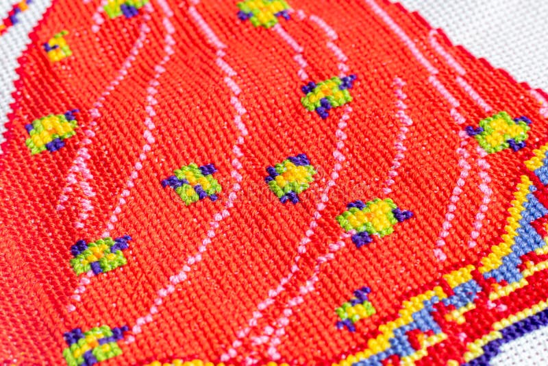 Handmade Embroidery. Multicolored Patterns on White Fabric. Ethnic ...