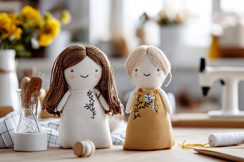 Handmade Fabric Dolls with Embroidered Details, Set in a Cozy Sewing ...