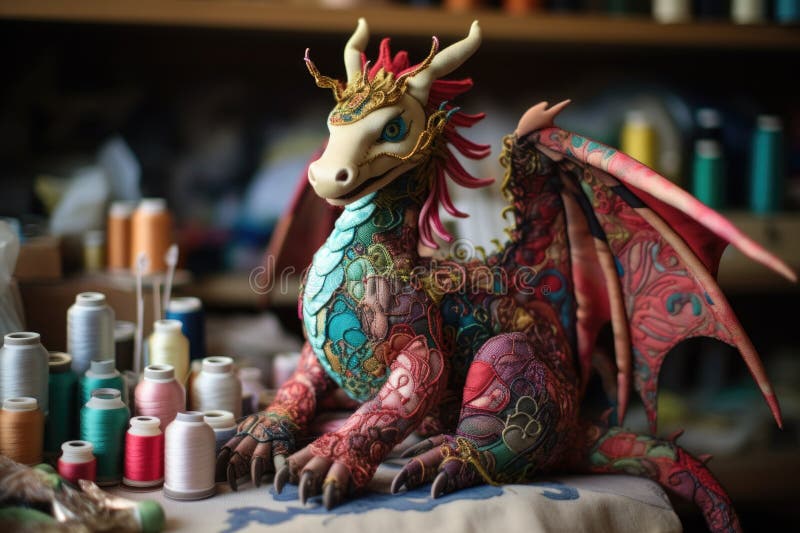 Handmade Fabric Dragon Doll Positioned Near Sewing Materials Stock ...