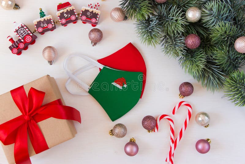 Handmade Face Mask in Red and Green Colors. Christmas Concept Stock ...
