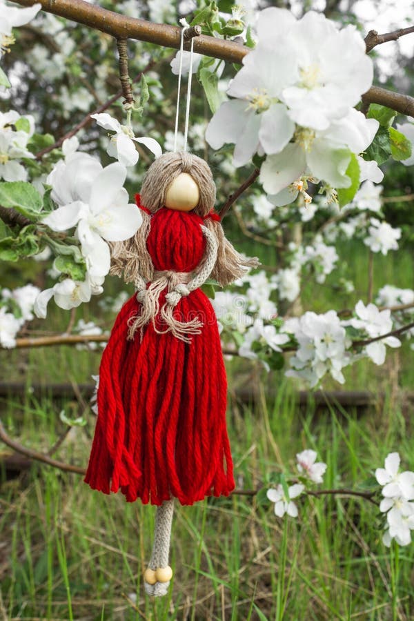 Handmade Faceless Doll Knitted from a Red Threads. Macrame Technique ...