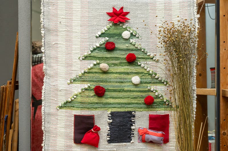Handmade Festive Wall Hanging with Christmas Tree and Gifts Stock Photo ...