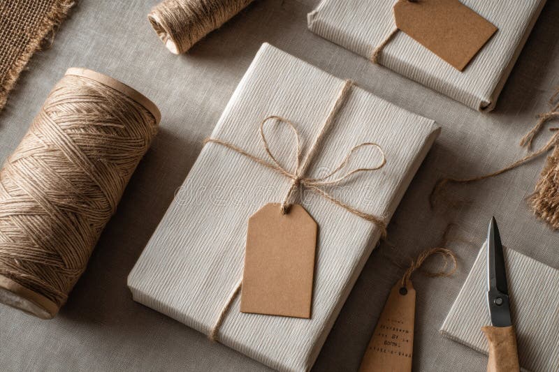 Handmade Gift Wrapping with Twine and Tags on a Textured Surface ...