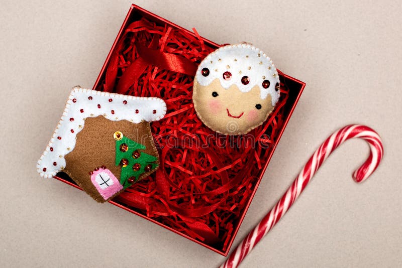 Handmade House and Cookies in a Gift Box with Red Tinsel Stock Image ...