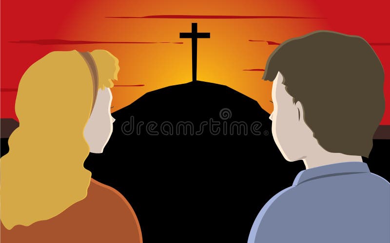 Two Children Looking at the Cross on the Hill Stock Illustration ...
