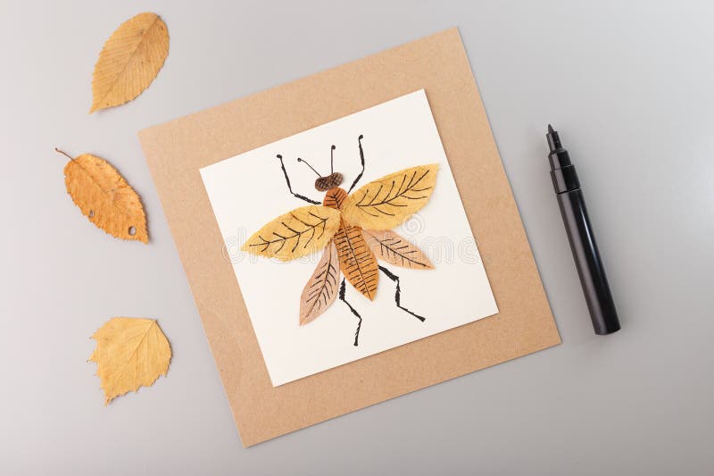Handmade Insect Artwork with Dried Leaves and Black Marker on White ...