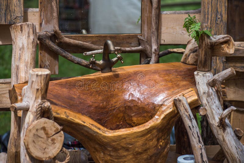 Handmade Kitchen, Bathroom Wooden Sink Stock Image - Image of chic ...