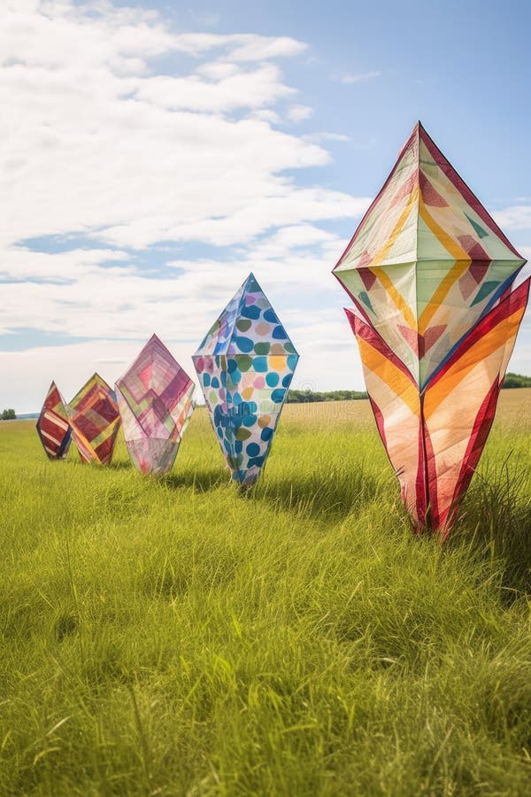 Handmade Kites Displayed on a Grassy Field Stock Illustration ...