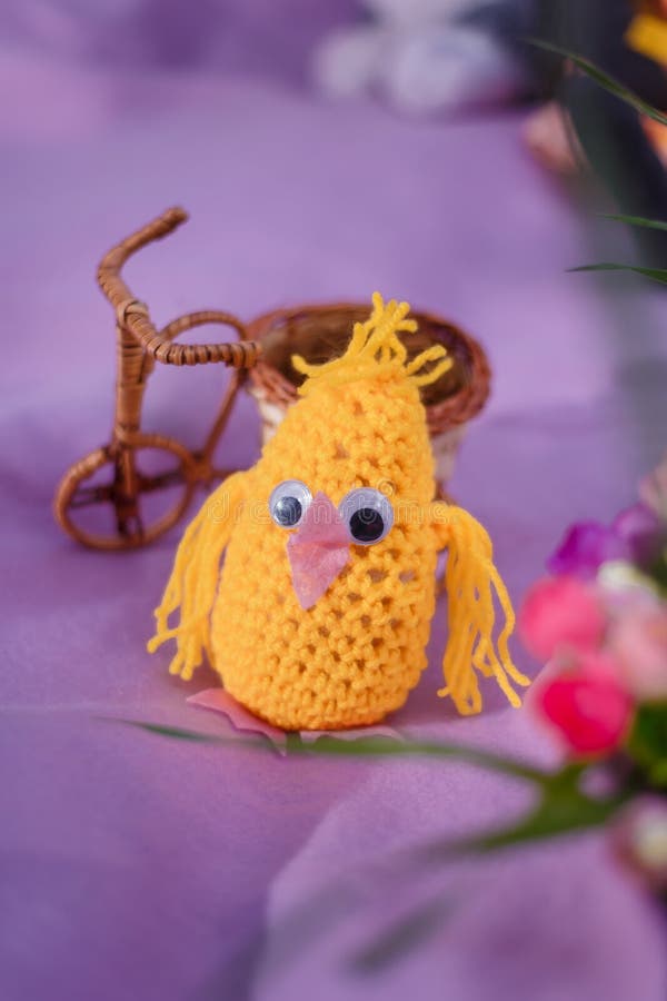 Handmade Knitted Chicken Toy with Wicker Bicycle Standing on Pink Plaid ...