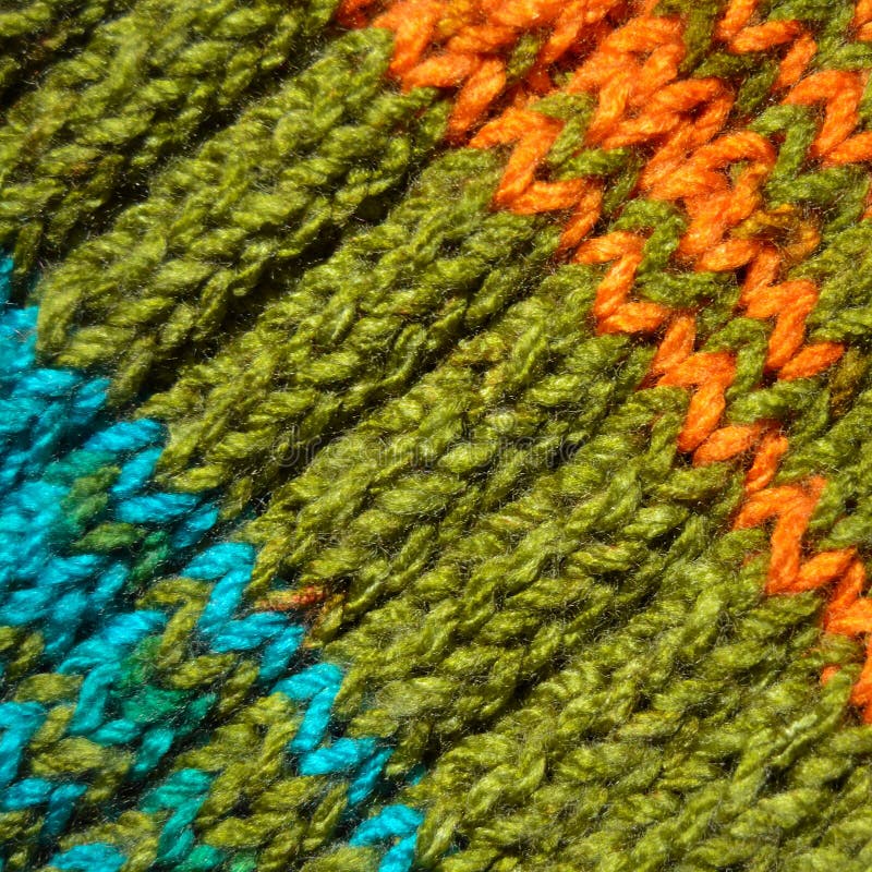 Handmade Knitted Fabric Turquoise Orange and Green Wool Background ...