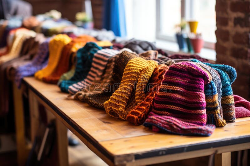 Handmade Knitted Scarves on Display on a Table Stock Image - Image of ...