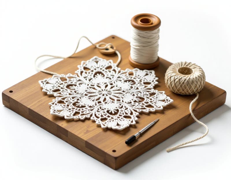 Handmade Lace Doily with Wooden Spools of Thread and Needle Stock ...