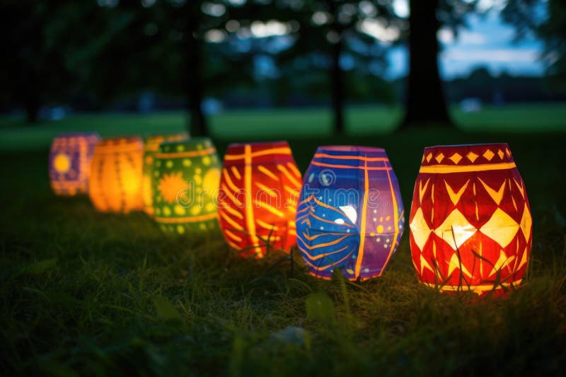 Handmade Lanterns with Painted Patterns Lying on Grass Stock ...