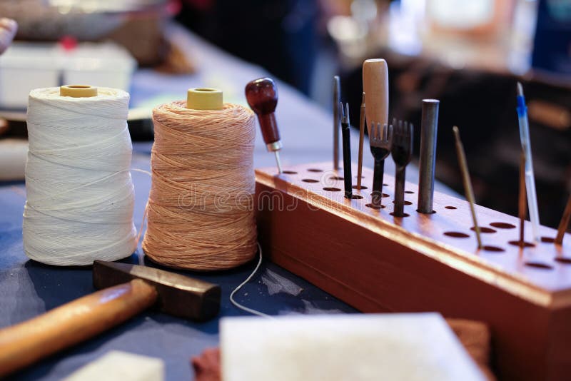 Leather Craft DIY Instrument Tool. Craftsman Working Desk Stock Photo ...
